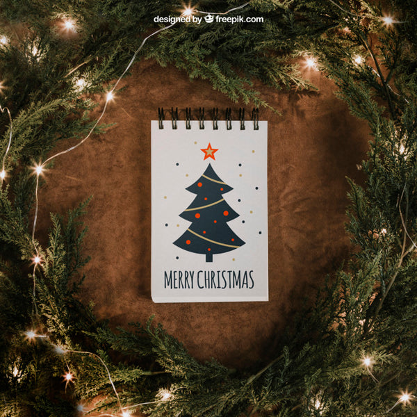 Christmas Mockup With Notepad And String Lights Psd - Mockup Hunt