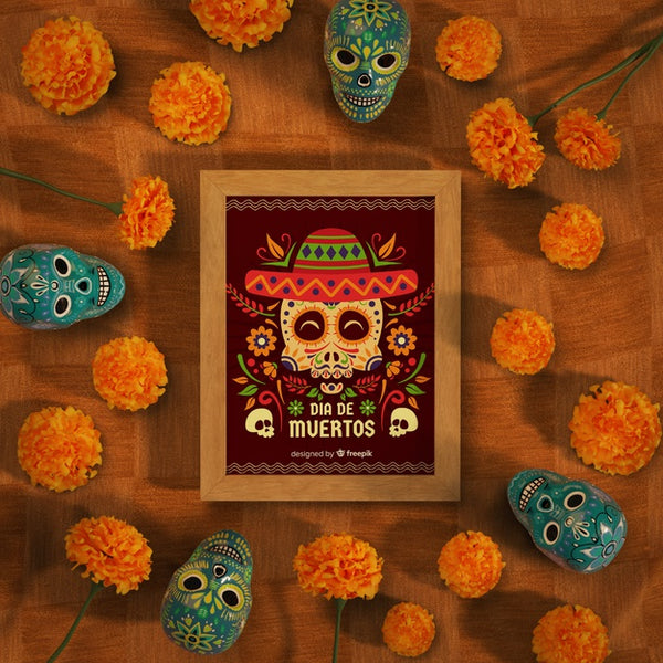 Dia De Muertos Mock-Up Surrounded By Skulls And Flowers Psd - Mockup Hunt