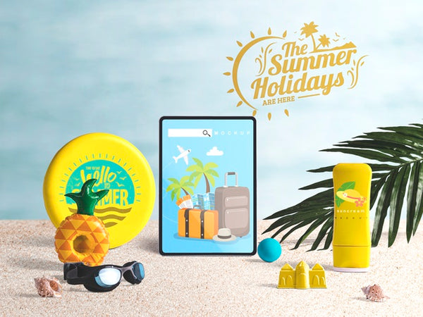 Editable Tablet Mockup With Summer Elements Psd - Mockup Hunt