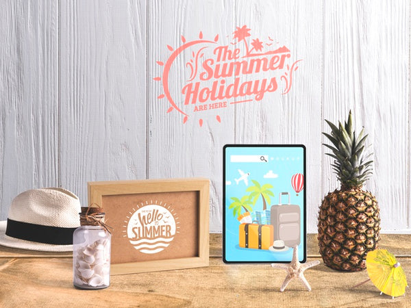 Editable Tablet Mockup With Summer Elements Psd - Mockup Hunt