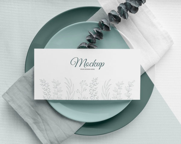 Flat Lay Of Spring Menu Mock-Up With Leaves On Plates Psd - Mockup Hunt