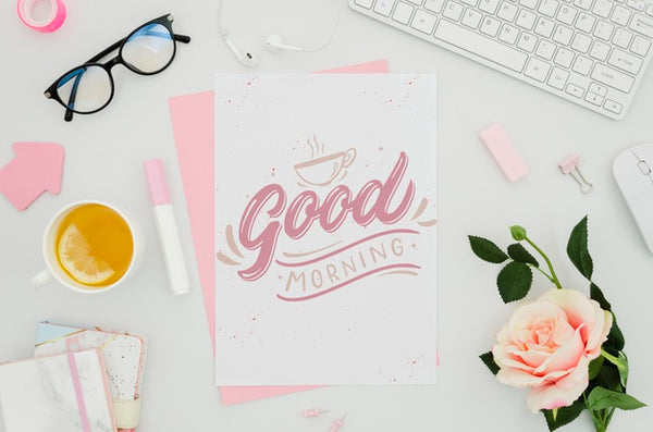 Flat Lay Stationery Paper Mock-Up With Pink Rose Psd - Mockup Hunt