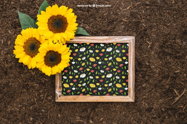 Gardening Mockup With Slate And Sunflower Psd - Mockup Hunt