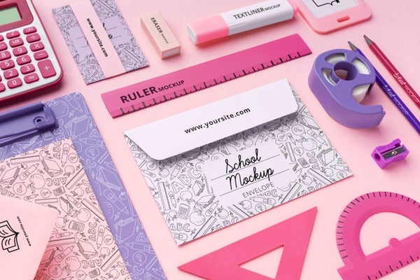 High Angle Of School Supplies Collection Mock-Up Psd - Mockup Hunt