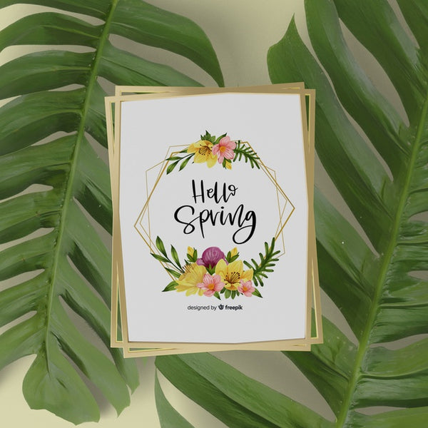 Mock-Up Spring Card With 3D Leaves Around Psd - Mockup Hunt