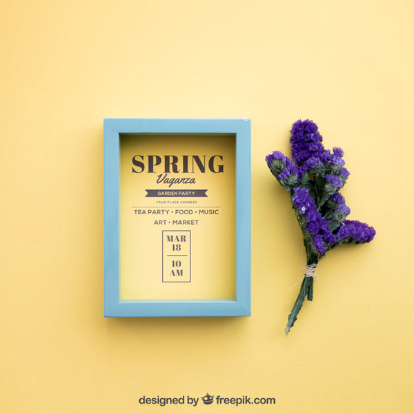 Spring Mock Up With Frame And Purple Flowers Psd - Mockup Hunt
