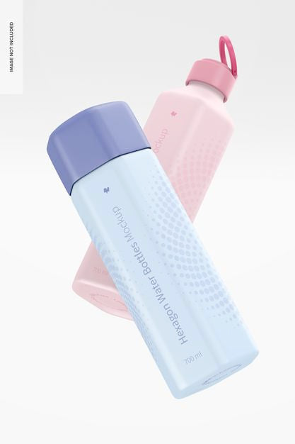 700 Ml Hexagon Water Bottles Mockup, Floating Psd - Mockup Hunt