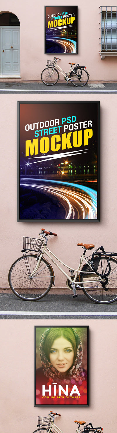 Outdoor Street Poster Frame Mockup with Bicycle, Door and Window ...