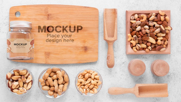 Arrangement Of Nuts With Wooden Board Mock-Up Psd - Mockup Hunt