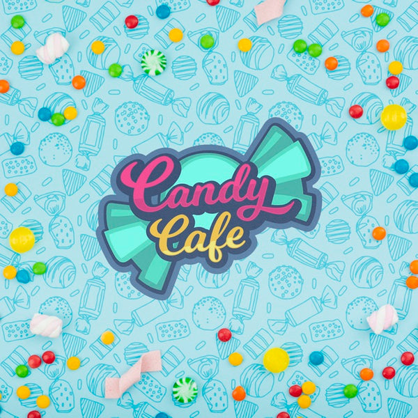 Candy Cafe Logo Surrounded By Variety Of Candies Psd - Mockup Hunt