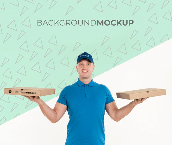 Delivery Man Holding Pizza Boxes With Background Mock-Up Psd - Mockup Hunt