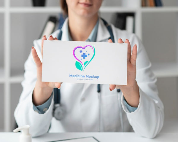 Female Doctor Holding A Mock-Up Card Psd - Mockup Hunt