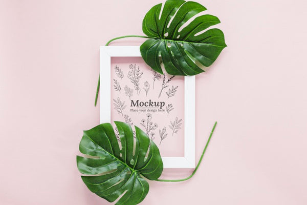 Flat Lay Frame With Leaves Arrangement Psd - Mockup Hunt