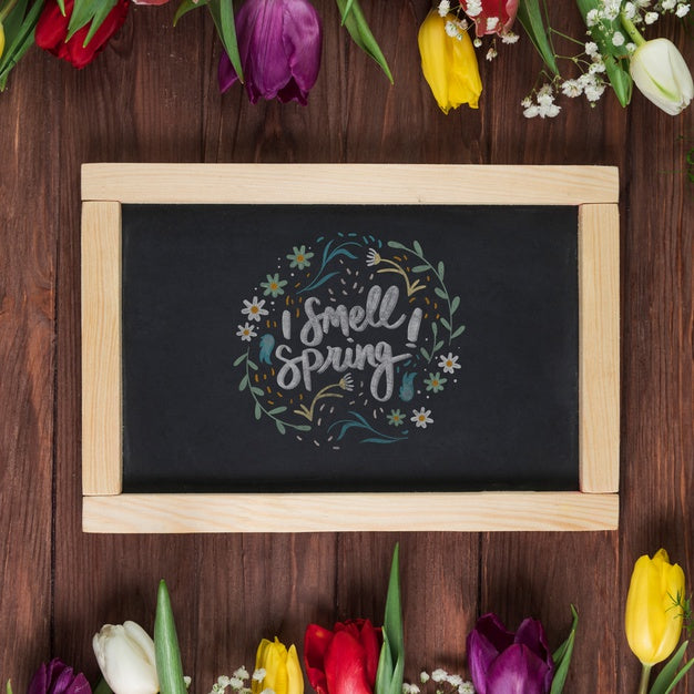 Flat Lay Slate Mockup With Spring Concept Psd - Mockup Hunt