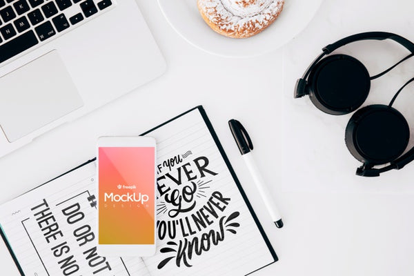 Flat Lay Smartphone Mockup On Workspace Psd - Mockup Hunt