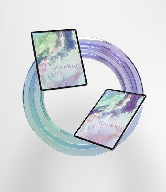 Glass In Circle Shape With Tablet Collection Psd - Mockup Hunt
