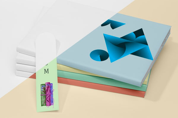 High Angle Stack Of Books Mock-Up With Bookmark Psd - Mockup Hunt