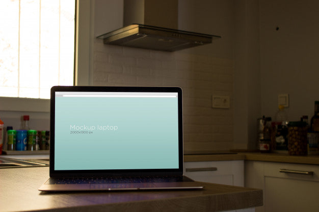 Laptop Mockup In Kitchen Psd - Mockup Hunt