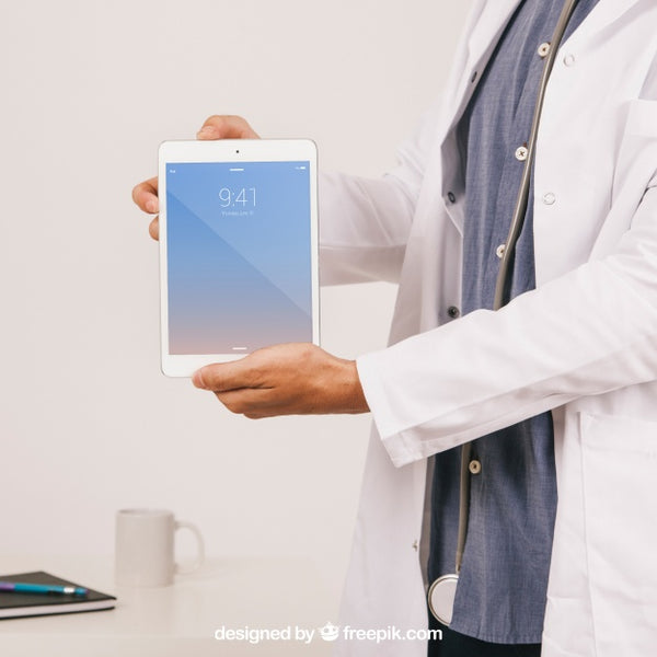 Mock Up Design With Doctor, Office Desk And Tablet Psd - Mockup Hunt