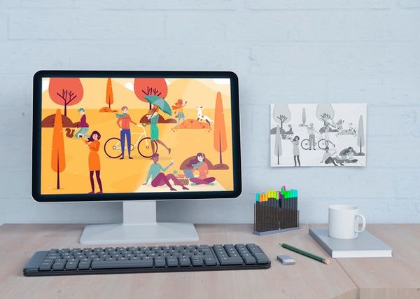 Mock-Up Monitor With Colorful Draw Psd - Mockup Hunt