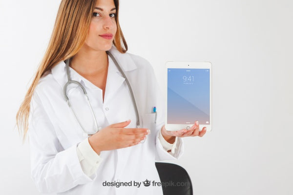 Mock Up Of Doctor Showing A Tablet Psd - Mockup Hunt