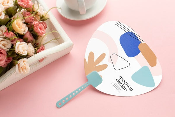 Paper Mock-Up Hand Fan With Flowers Bouquet And Cup Psd - Mockup Hunt
