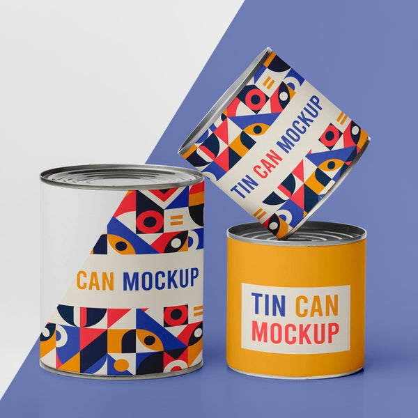 Three Tin Can With Food Psd - Mockup Hunt
