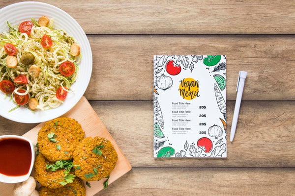 Top View Assortment With Healthy Food And Menu Psd - Mockup Hunt