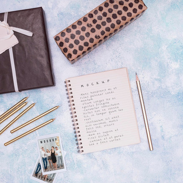 Top View Of Birthday Notepad Mock-Up With Presents Psd - Mockup Hunt