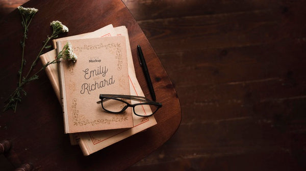 Top View Of Books With Glasses And Pen Psd - Mockup Hunt