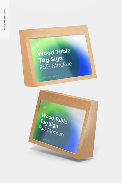 Wood Table Advertising Tag Signs Mockup, Floating Psd - Mockup Hunt